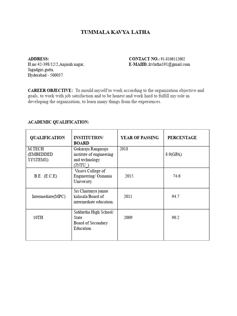 Kavya Latha Resume | PDF | Computer Engineering | Computer Science