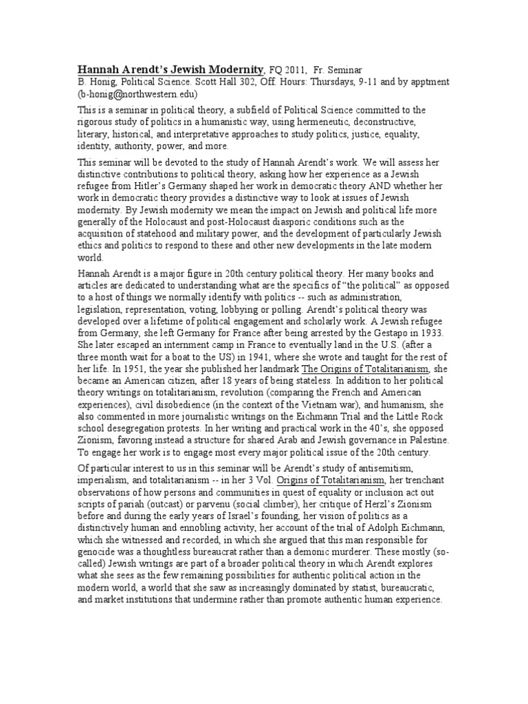 FINAL Arendt Syllabus (Bonnie Honig) | PDF | Hannah Arendt | Philosophy