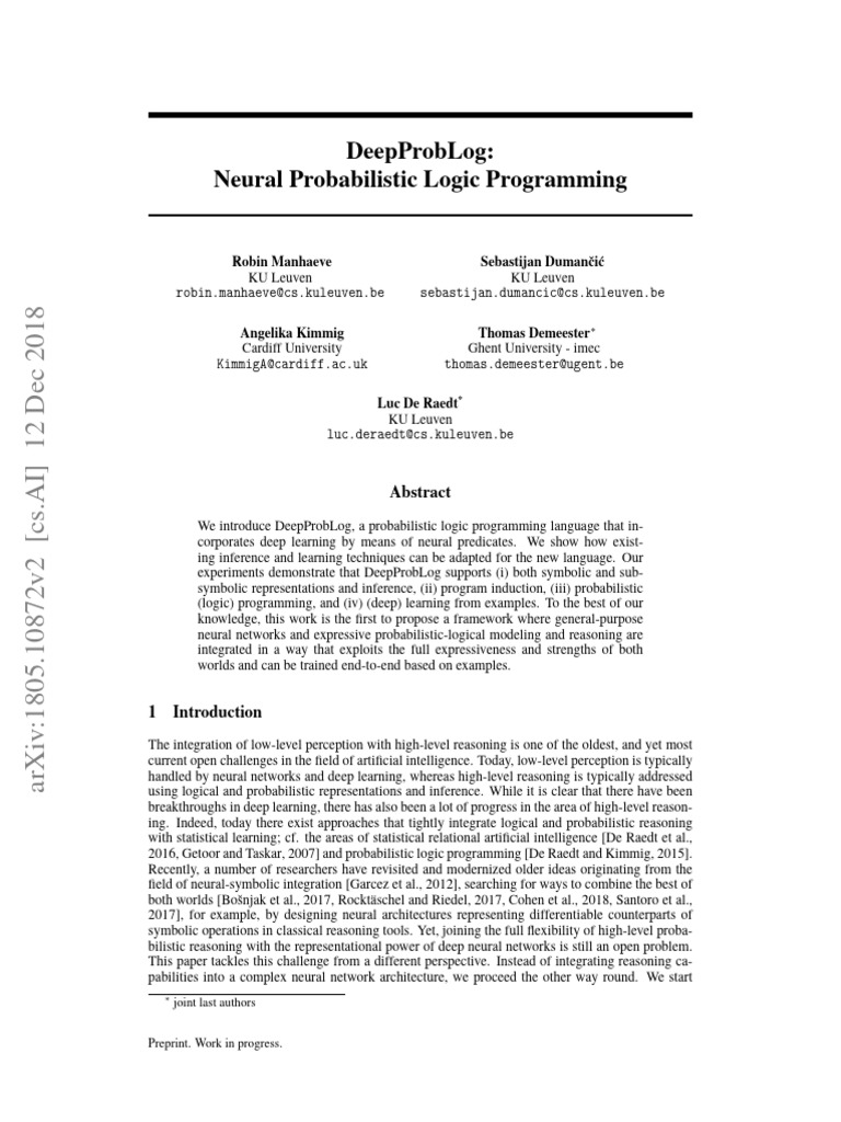 Deepproblog: Neural Probabilistic Logic Programming: Joint Last Authors | PDF | Artificial ...