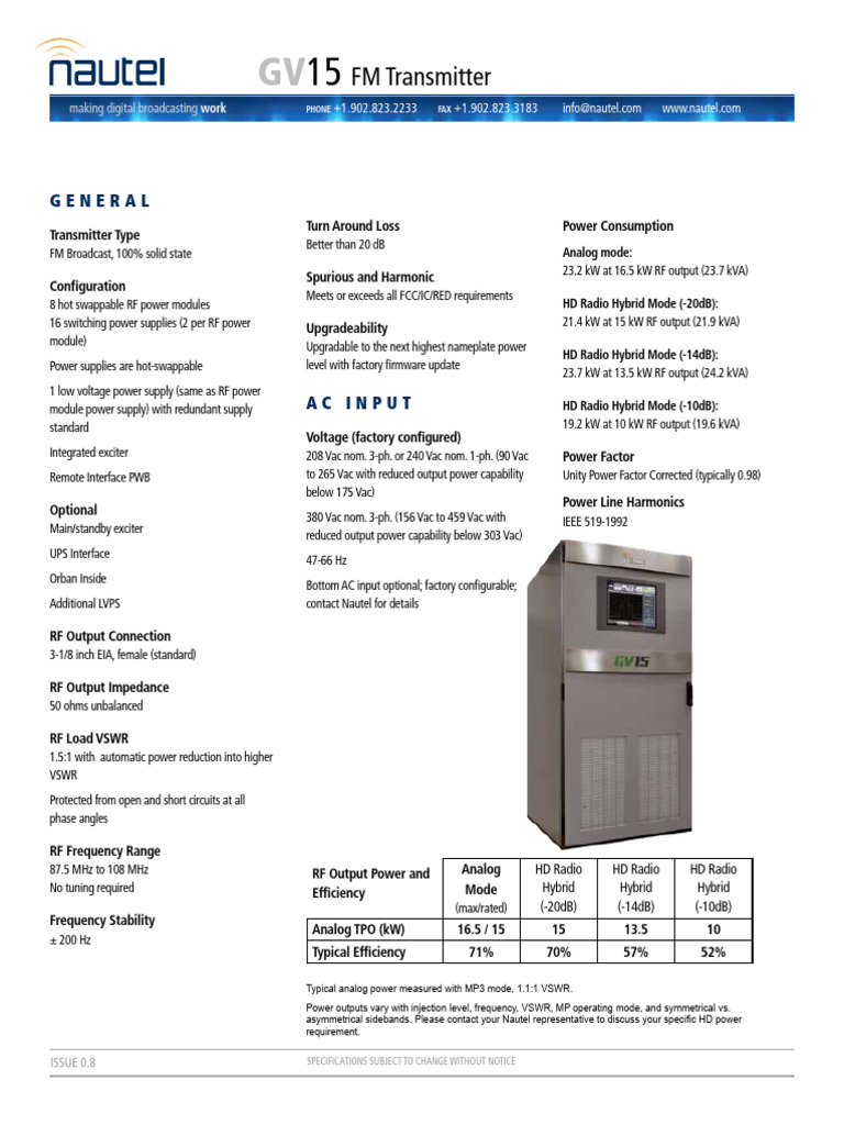 GV15 Spec Sheet | PDF | Alternating Current | Frequency Modulation