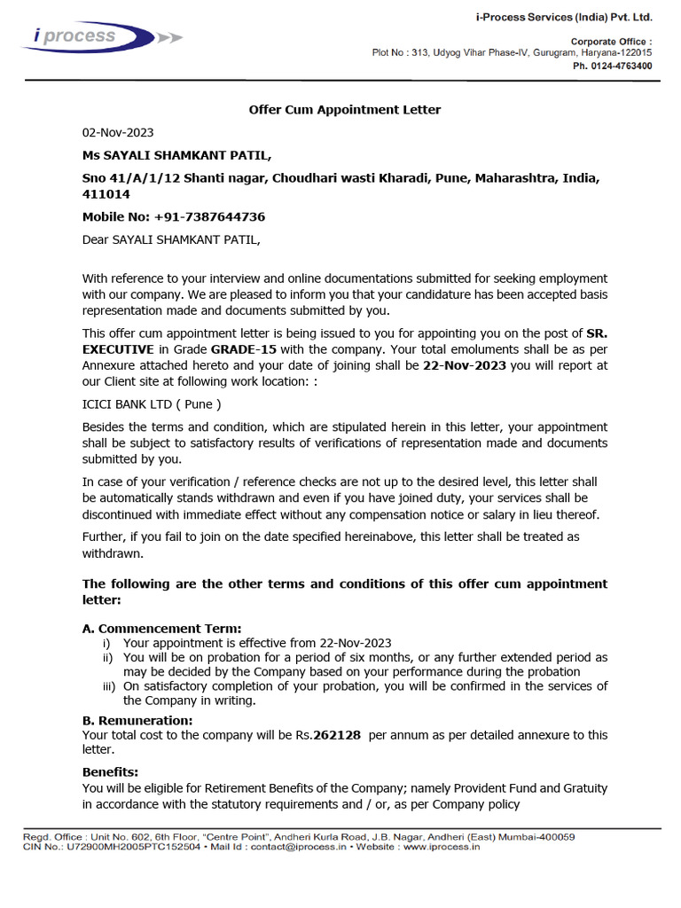 Offer Cum Appointment Letter 2023 | PDF | Employment | Salary