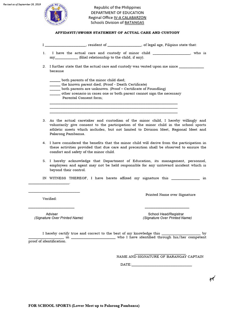 SWORN STATEMENT OF ACTUAL CARE AND CUSTODY Revised | PDF | Government | Justice