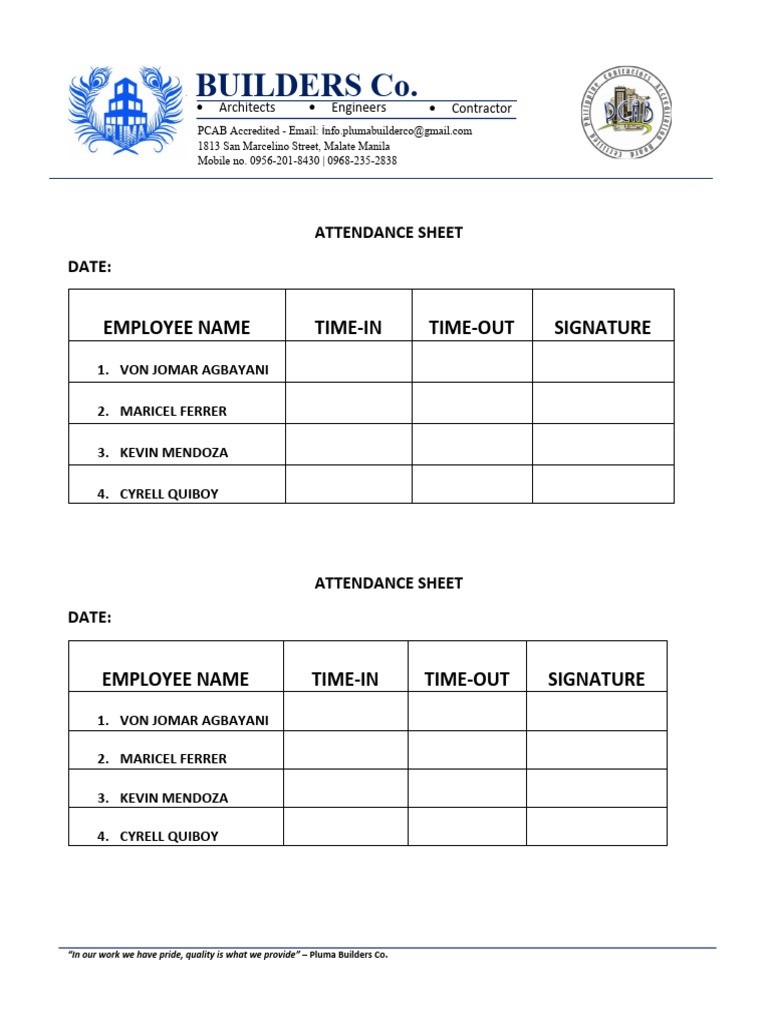 Attendance Sheet - Admin | PDF
