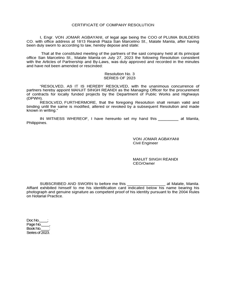 Partnership Resolution for Manjit Reandi | PDF