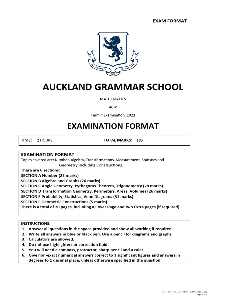 F4 Exam MATHS Format Template - 2023 Final | PDF