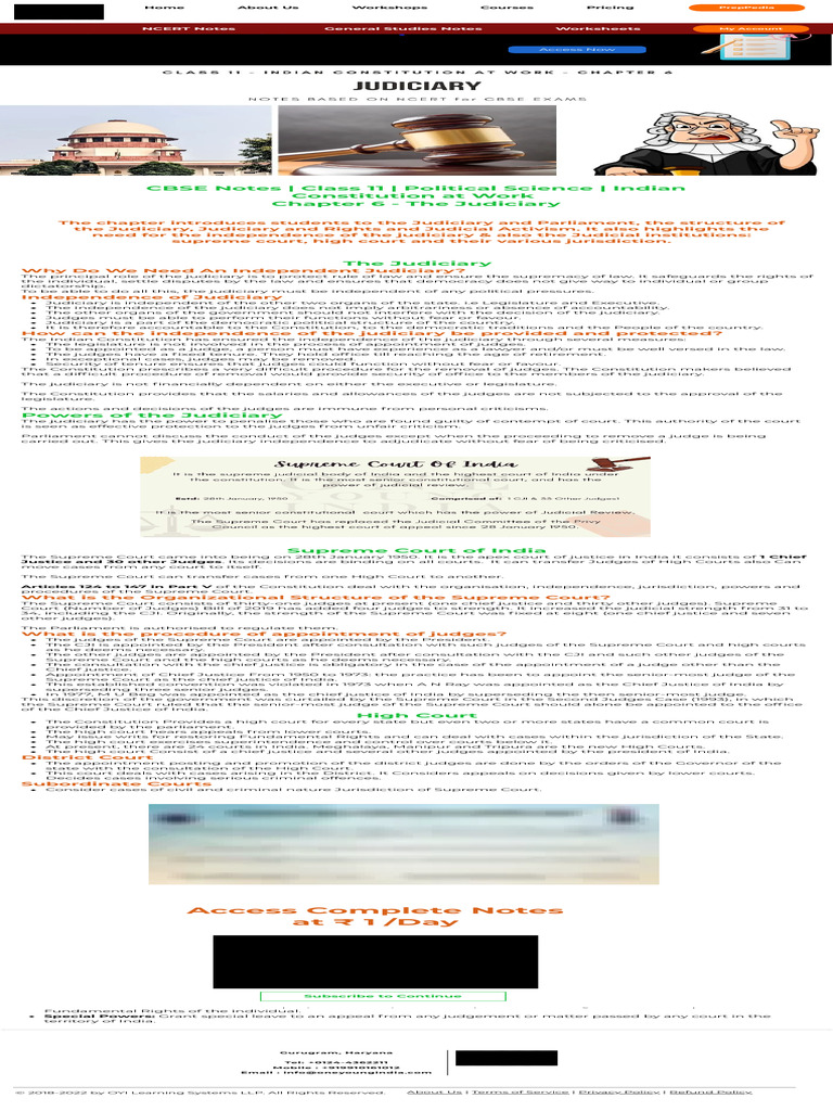 Class 11 Judiciary Notes Summary | PDF | Supreme Court Of India | Judge