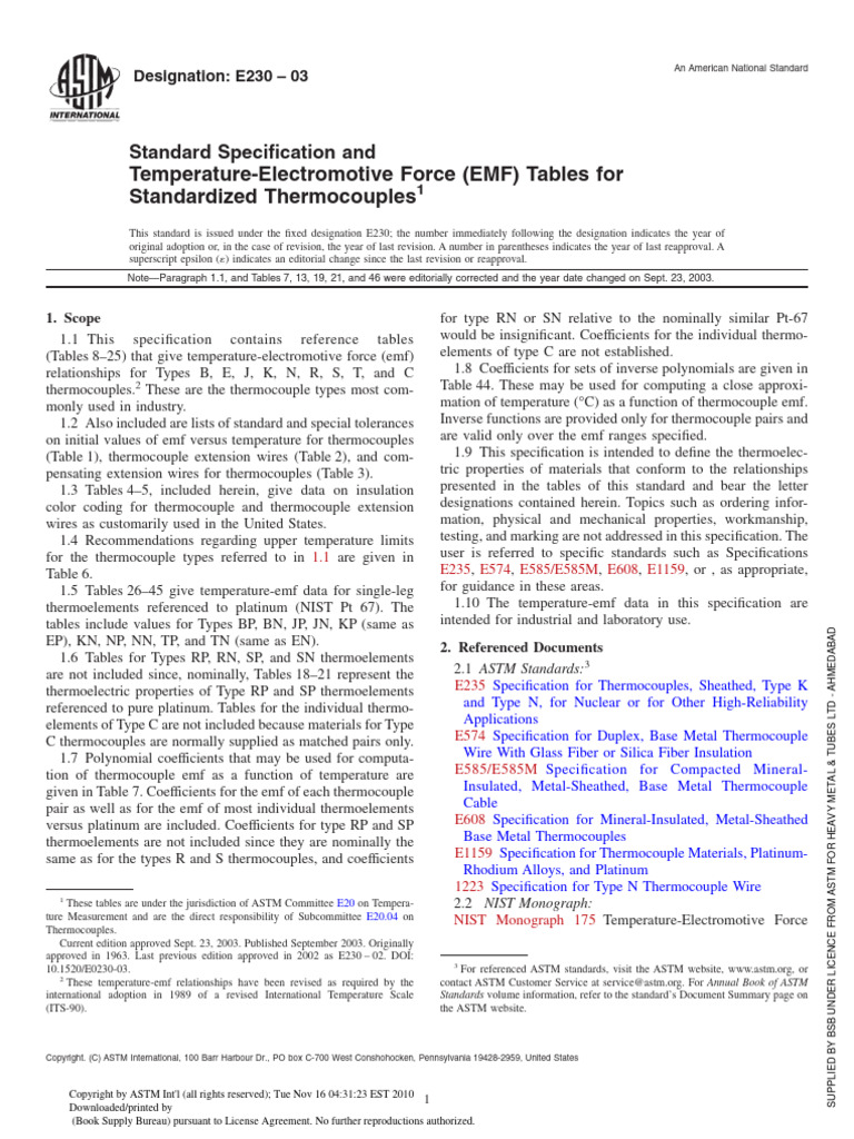 Temperature-Electromotive Force (EMF) Tables For Standardized ...