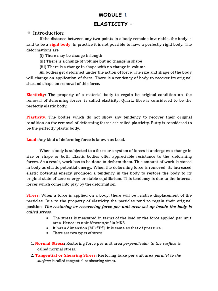 Unit1 Elasticity | PDF | Elasticity (Physics) | Young's Modulus