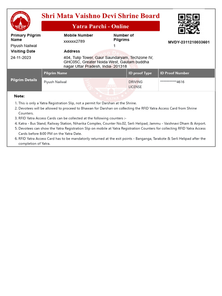 Vaishno Devi Yatra Registration Slip | PDF