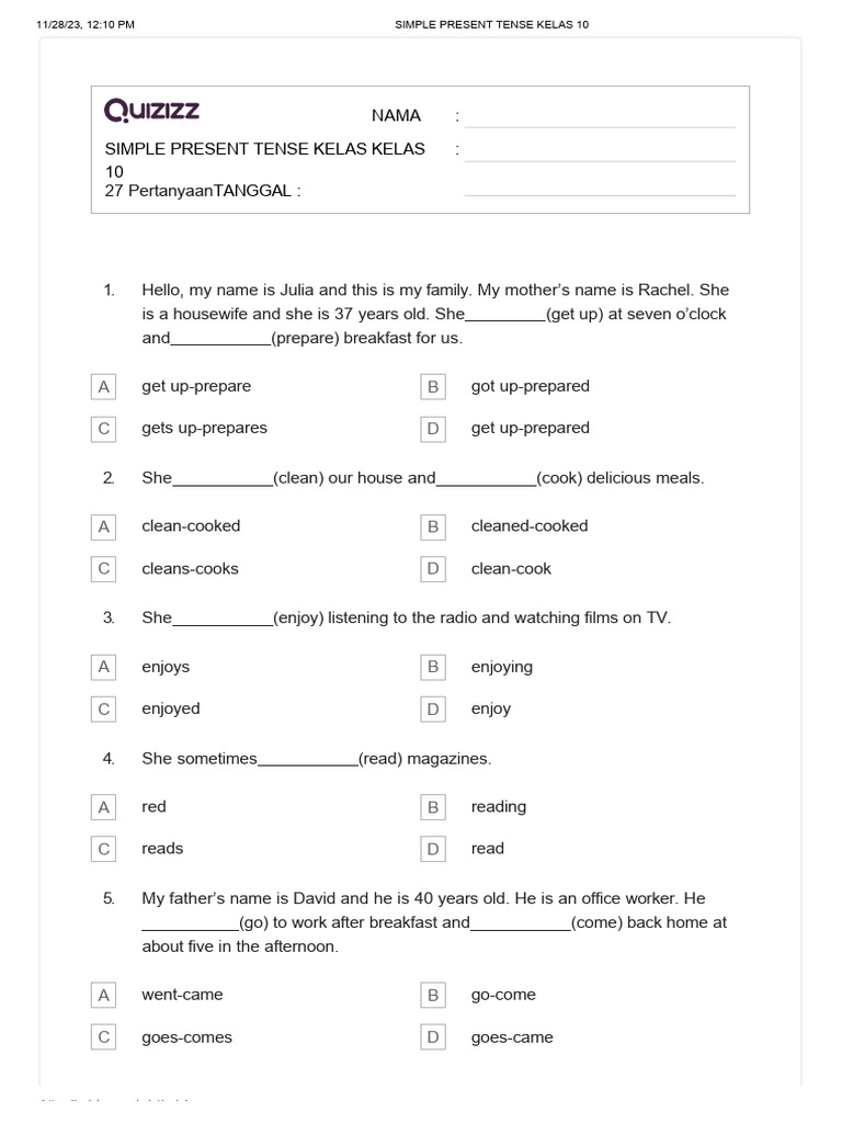 Simple Present Tense Kelas 10 | PDF