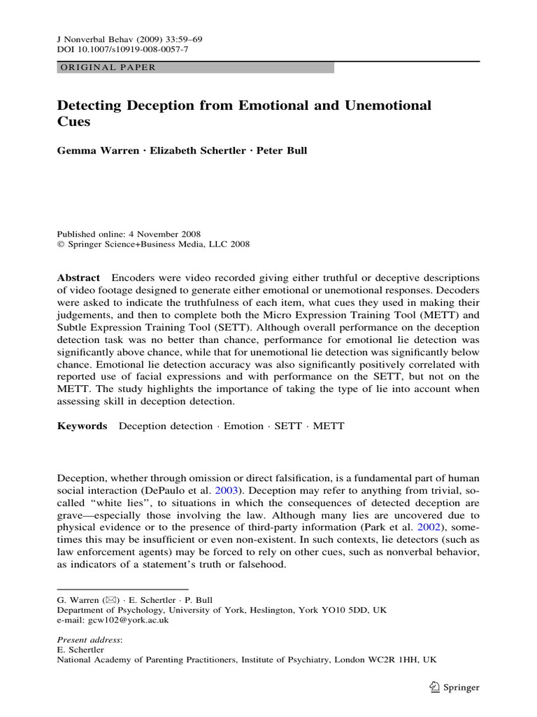 Detecting Deception | Download Free PDF | Deception | Nonverbal Communication