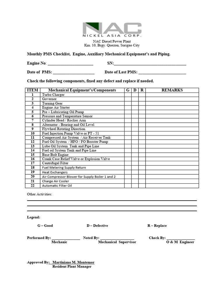 Hyundai Engine Monthly PMS Checklist | PDF | Technology & Engineering