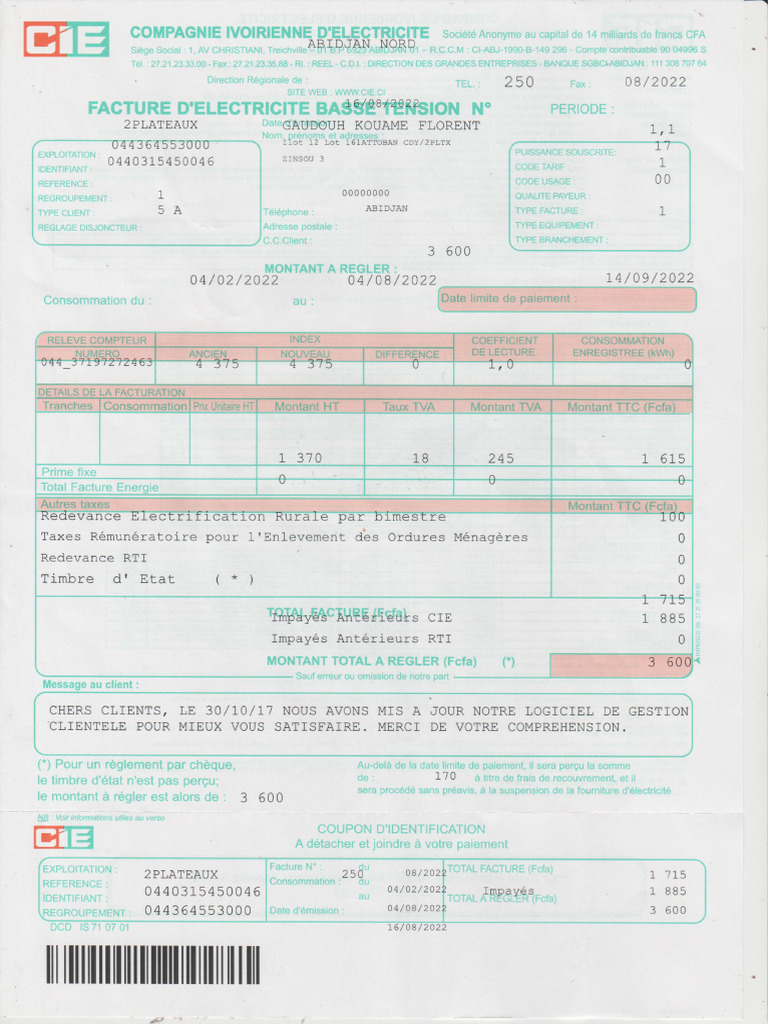 Facture CIE 04FEV - 04AOUT | PDF