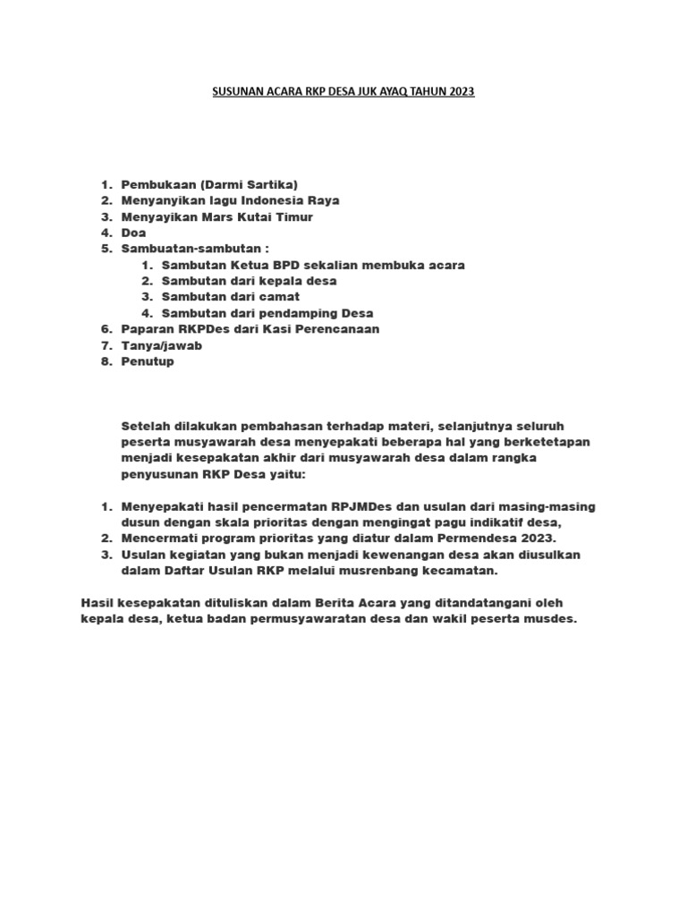 Susunan Acara Musdes Rkpdes | PDF