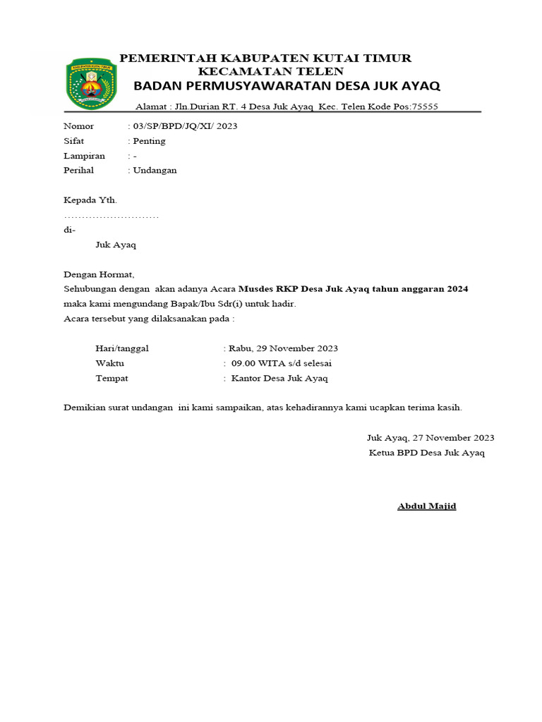 Undangan Musdes RKP Desa Juk Ayaq 2024 | PDF