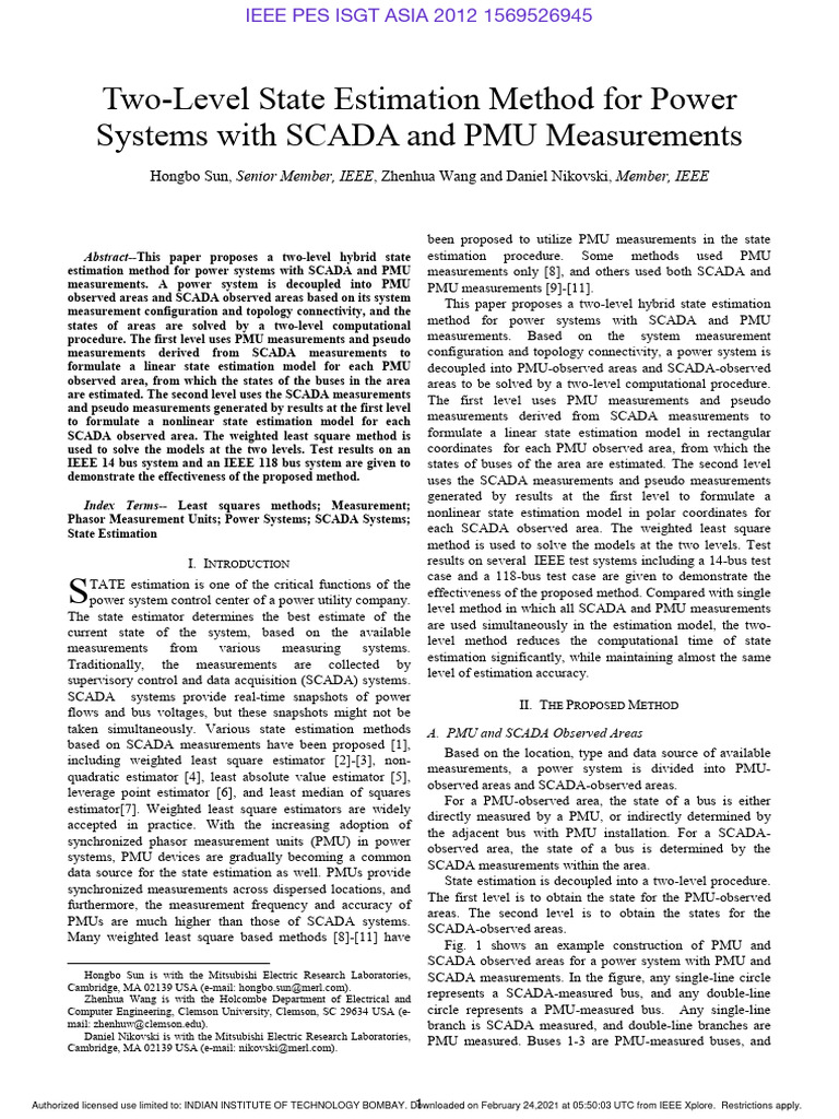 Two Level State Estimation Method For Power Systems With Scada And Pmu