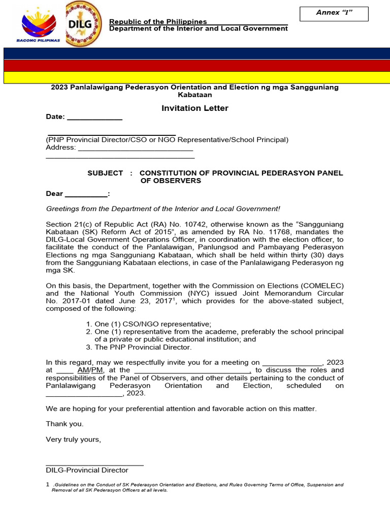 2023 - ANNEX I - Notice Re Constitution of The Panlalawigang Pederasyon Panel of Observers | PDF ...