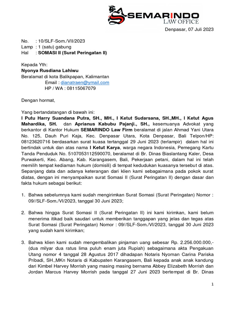 Surat Somasi II Rusdiana Lahiwu Bahasa | PDF