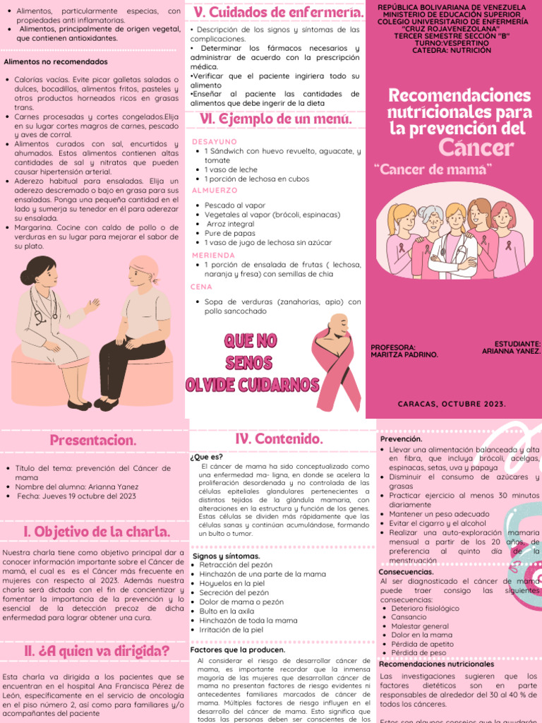 Tríptico Sobre Cáncer de Mama y Hábitos Saludables Ilustrado Rosa y ...