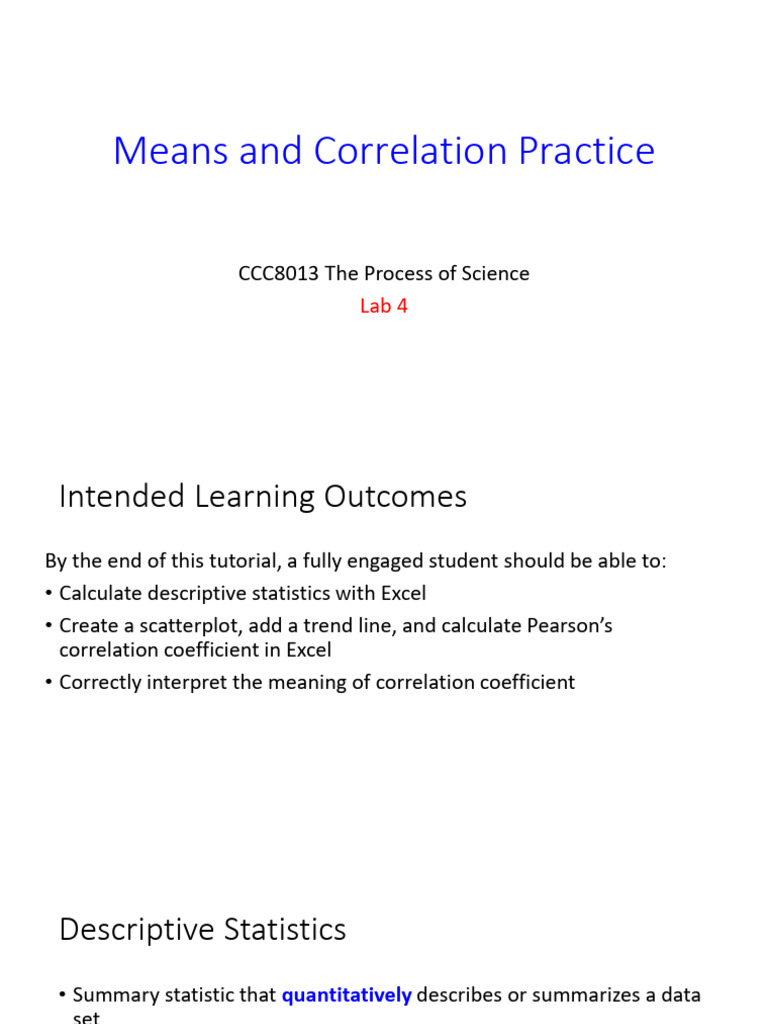 Lab 4 Means and Correlations - Upload | PDF | Coefficient Of Determination | Applied Mathematics