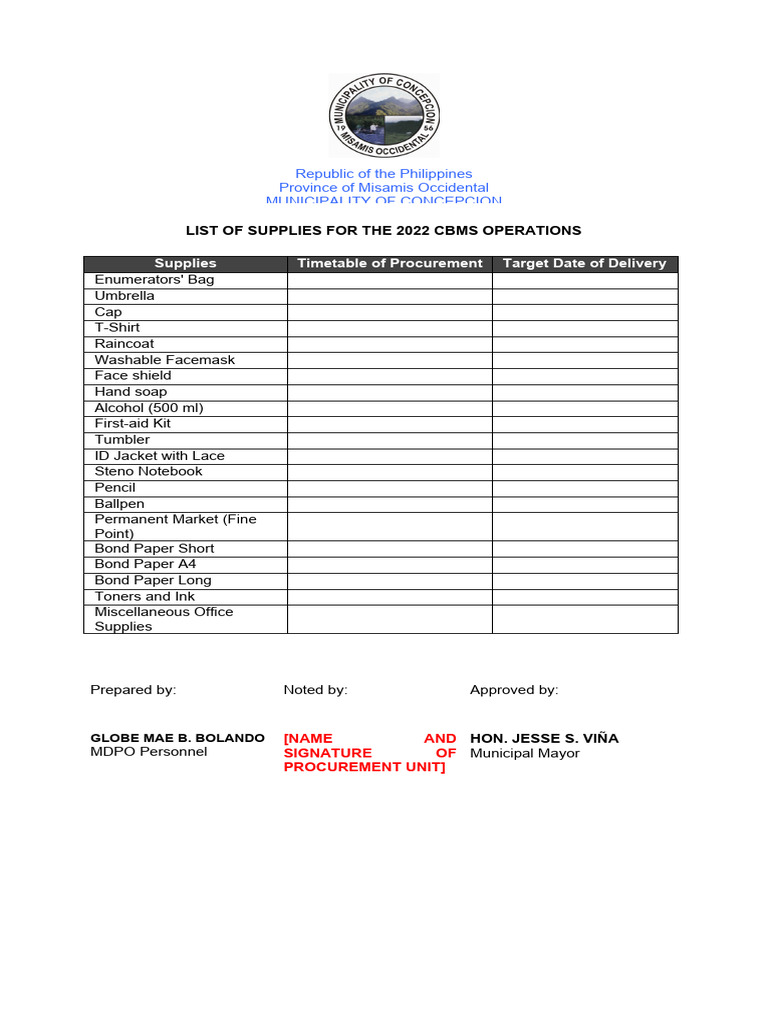 Attachment 5 - List of Supplies For 2022 CBMS Operations | PDF