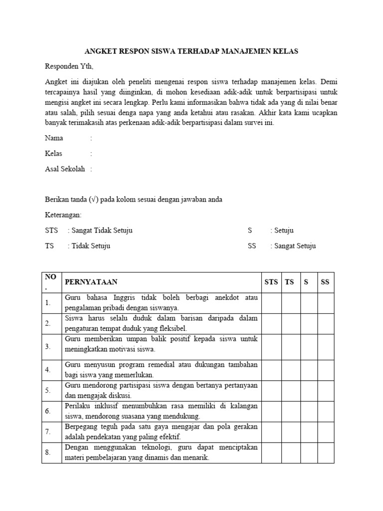 Angket Respon Siswa Terhadap Manajemen Kelas | PDF