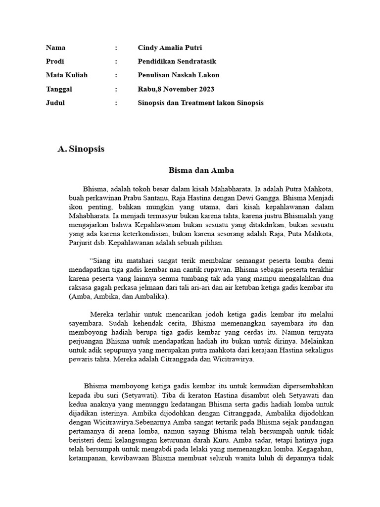Sinopsis Dan Treatment Naskah Bisma Amba | PDF | Klasik