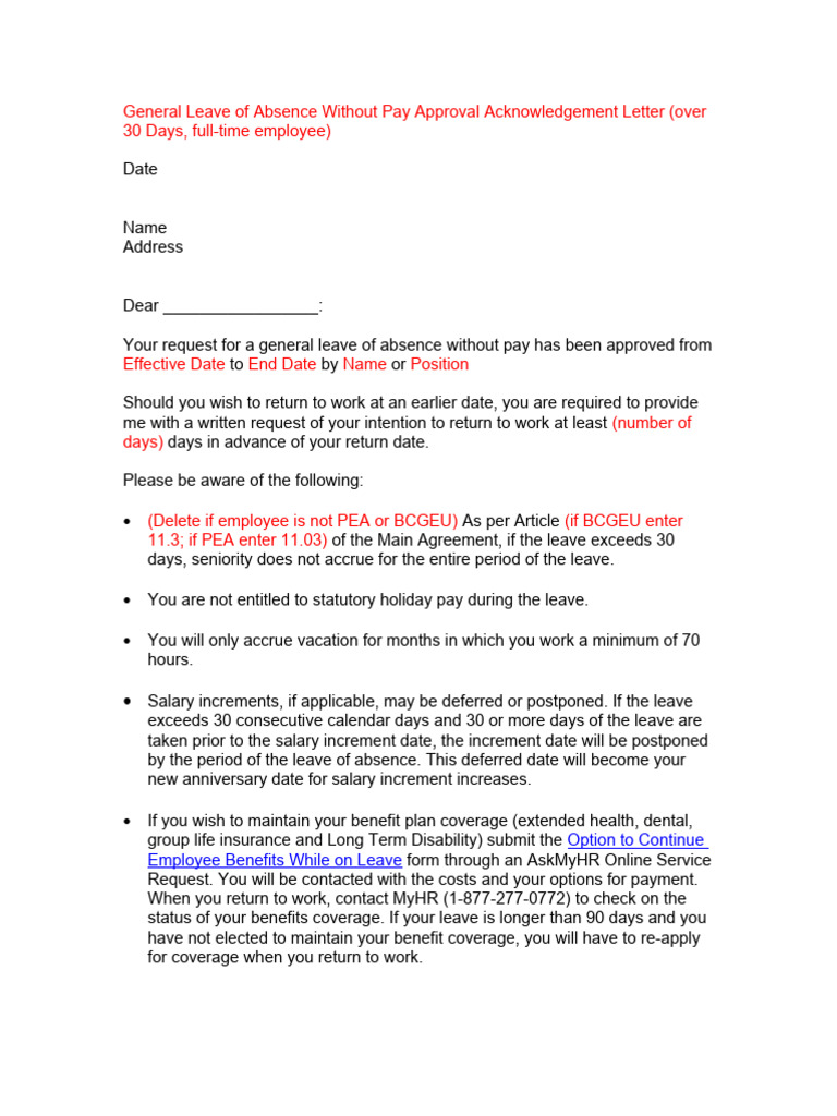 General Leave of Absence Without Pay Approval Acknowledgment Letter ...
