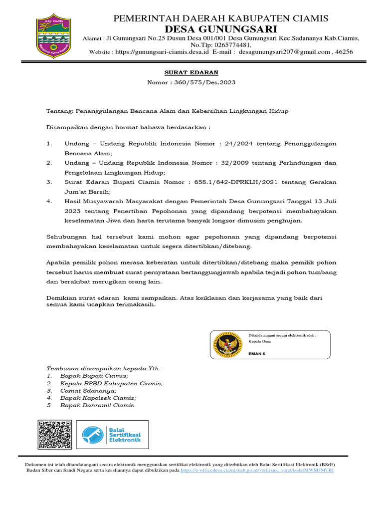 Surat Edaran Penanggulangan Bencana Alam Dan Kebersihan Lingkungan Hidup | PDF