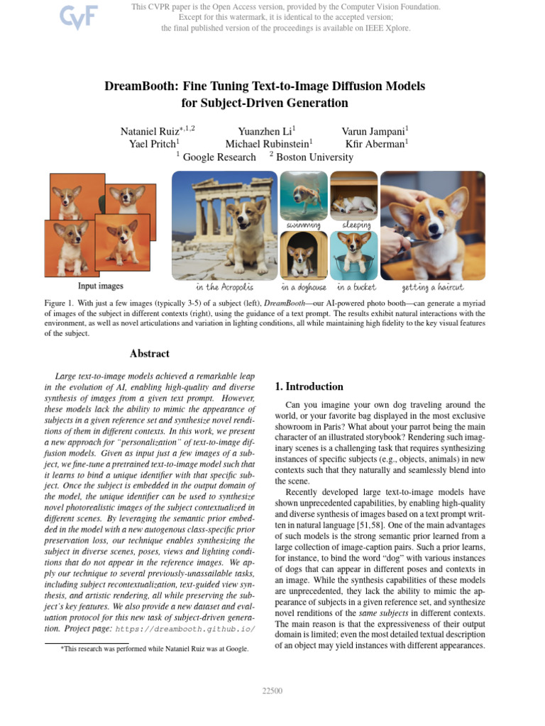 Ruiz DreamBooth Fine Tuning Text-to-Image Diffusion Models For Subject-Driven Generation CVPR ...