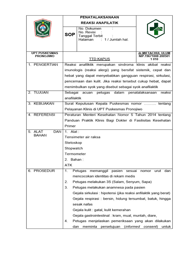 Sop Penatalaksanaan Reaksi Anafilatik | PDF | Kesehatan Holistik | Sains & Matematika