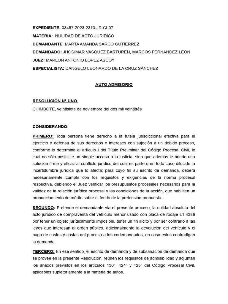 Auto Admisorio Demanda de Nulidad de Acto Juridico | PDF