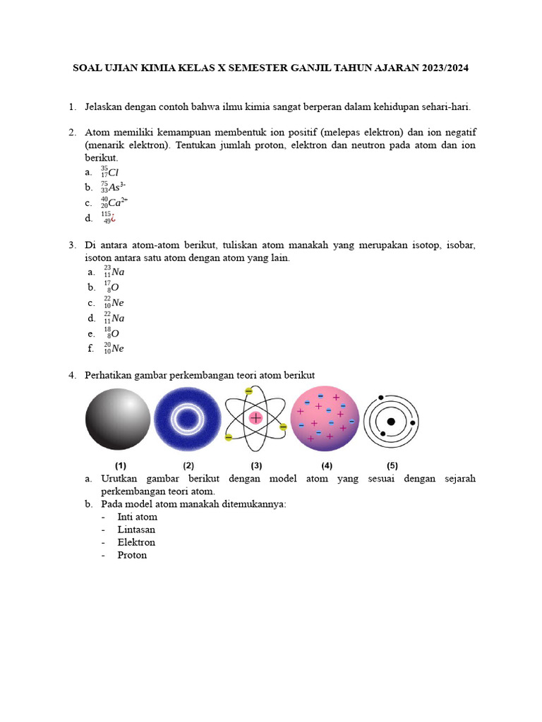 Soal Ujian Kimia Kelas X Semester Ganjil Tahun Ajaran 2023 | PDF