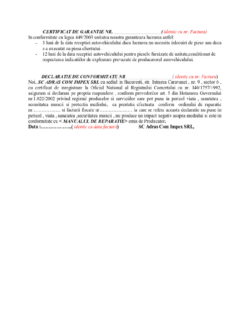 Certificat de Garantie Si Declaratie de Conformitate | PDF