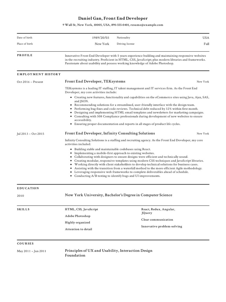 Daniel Gan - Resume - Front End Developer-2 | PDF | Java Script | Usability