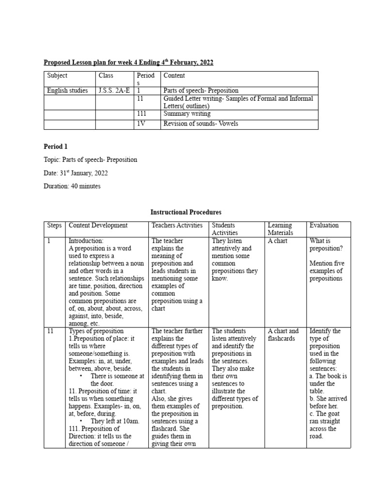 2ND Term Lesson Plan WK 4-6 | PDF | Preposition And Postposition | Reading Comprehension