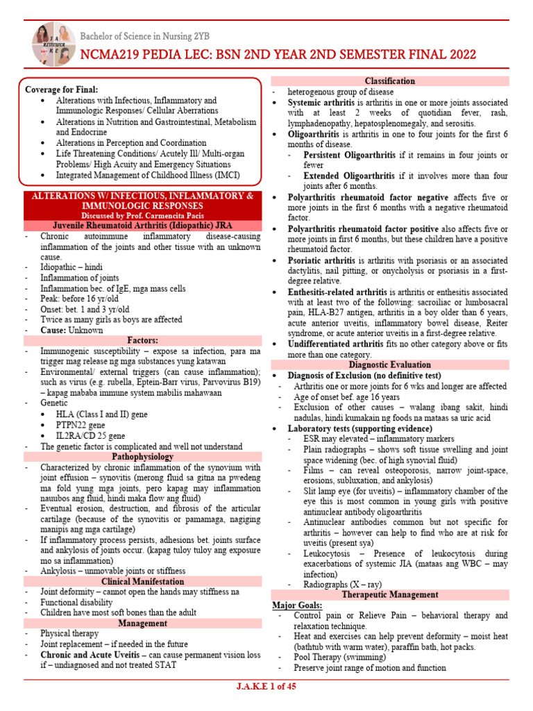 Ncma219 Lec Final | PDF | Arthritis | Rheumatoid Arthritis