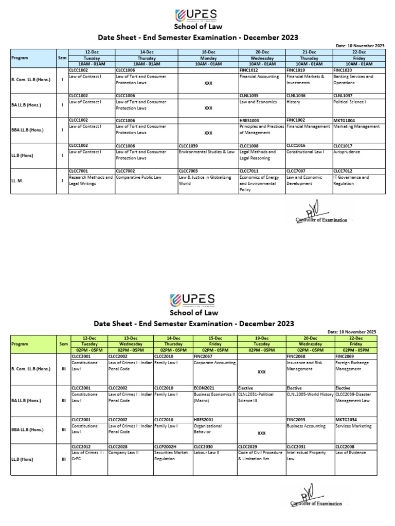 SOL - Date Sheet - (Odd Sem) - End Sem Exam - Dec. 2023 | PDF | Law ...