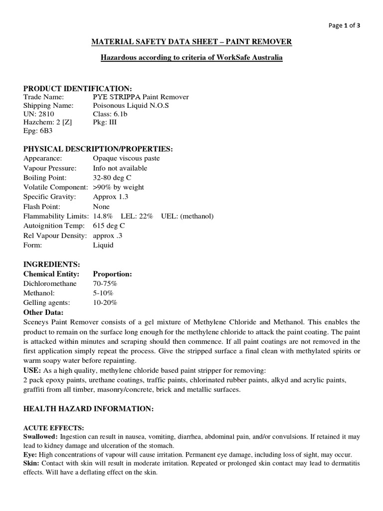 Paint Remover MSDS | PDF | Paint | Toxicity