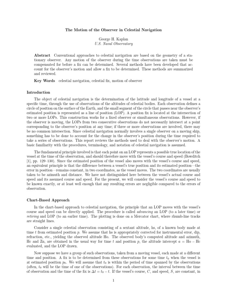 The Motion of The Observer in Celestial Navigation | PDF | Navigation | Least Squares