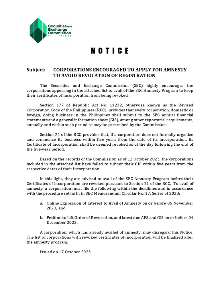 2023notice - List of Corporations For Revocation Due To Non Use of ...