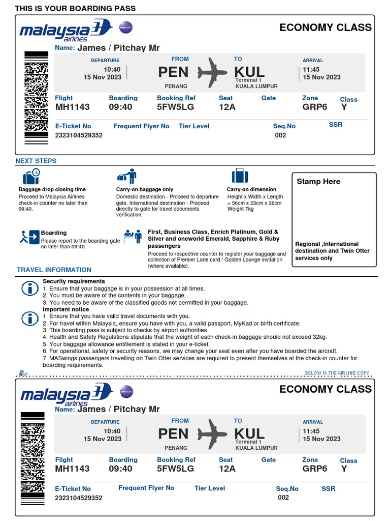 Your Boarding Pass To Manila - MALAYSIA AIRLINES-1 | PDF | Aviation ...