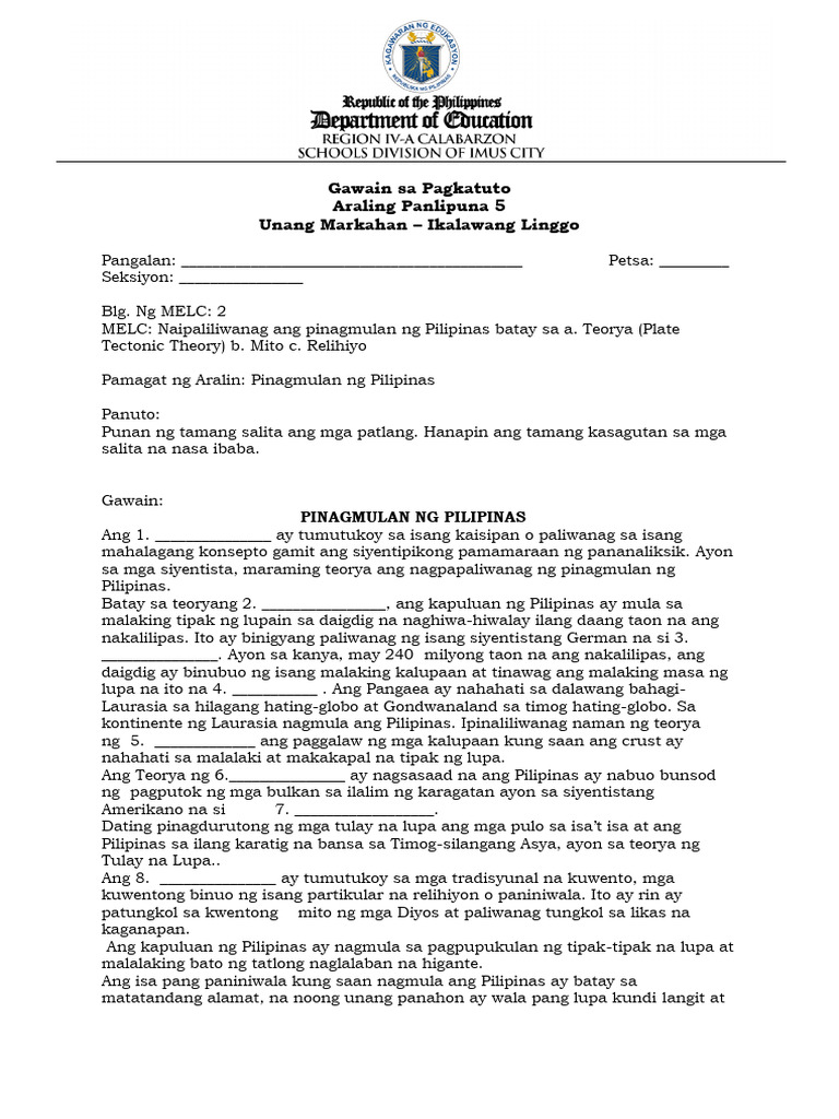 Gawain Sa Pagkatuto Araling Panlipuna 5 Unang Markahan - Ikalawang Linggo | PDF