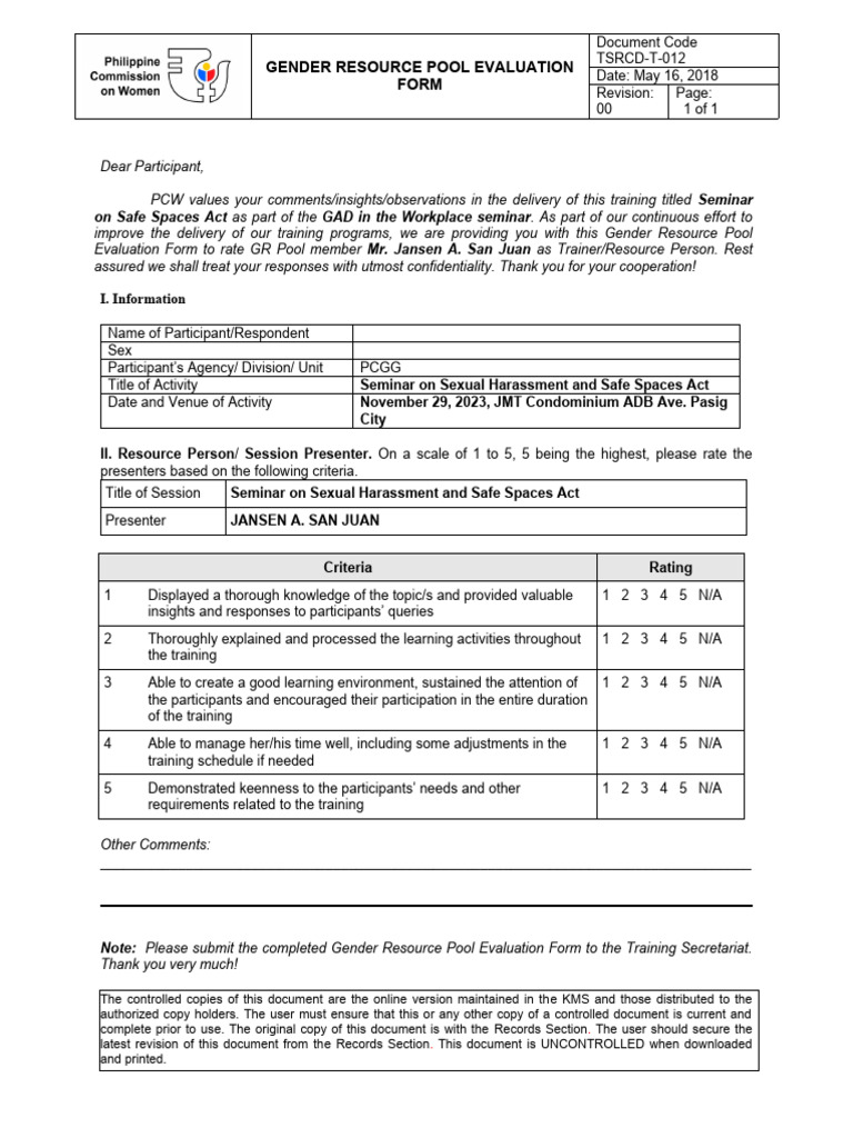012 GR Pool Evaluation Form PCGG | PDF