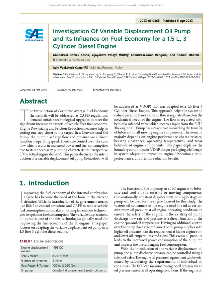 Variable Displacement Oil Pump Impact on Fuel Economy | PDF | Pump | Internal Combustion Engine