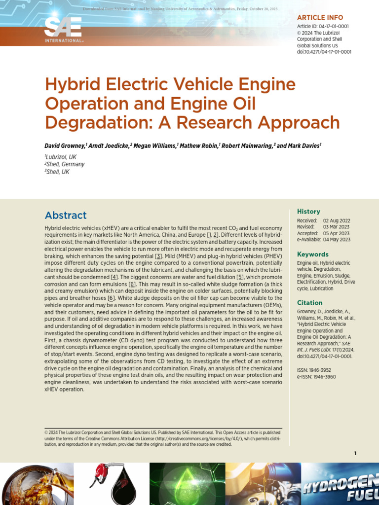 Hybrid Electric Vehicle Engine Operation and Engine Oil Degradation A ...