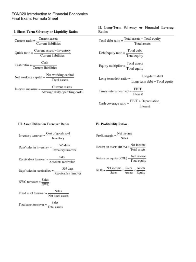ECN320 - FINAL - Formula Sheet | PDF | Equity (Finance) | Revenue
