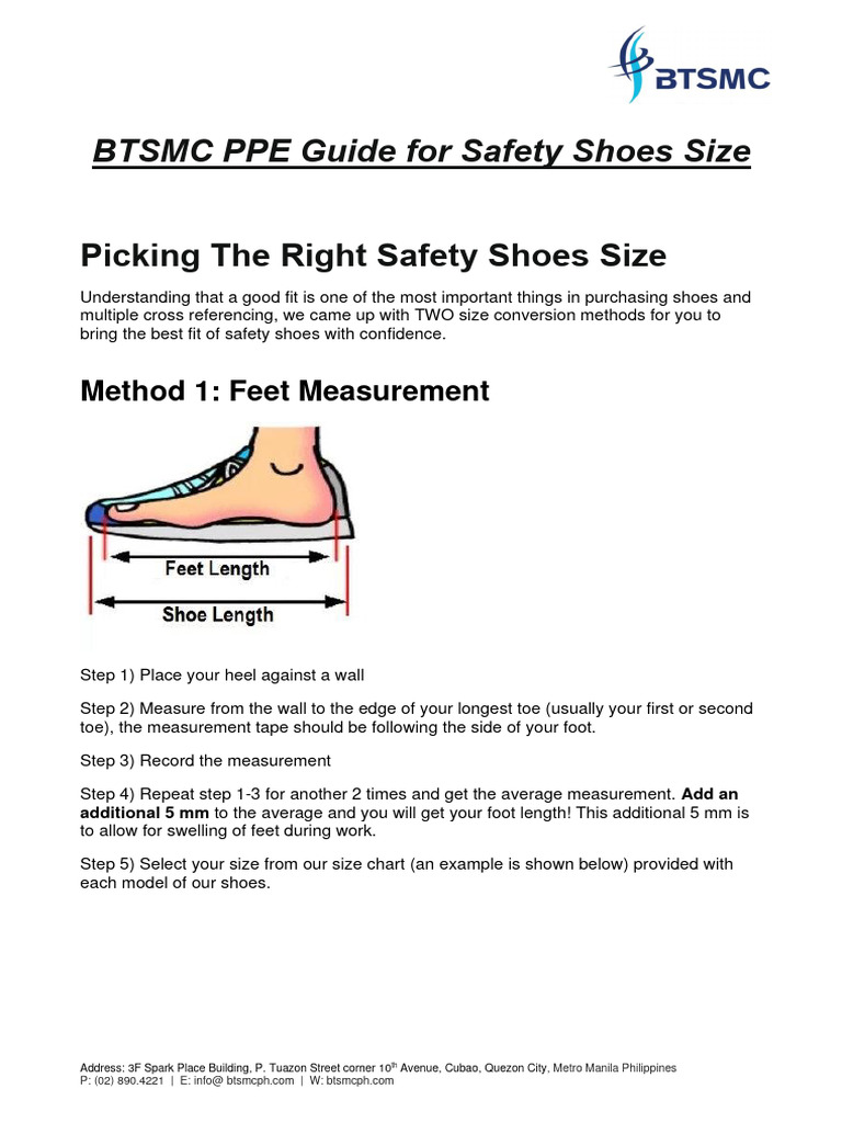 BTSMC - Safety Shoes Size Guide | PDF | Shoe | Footwear