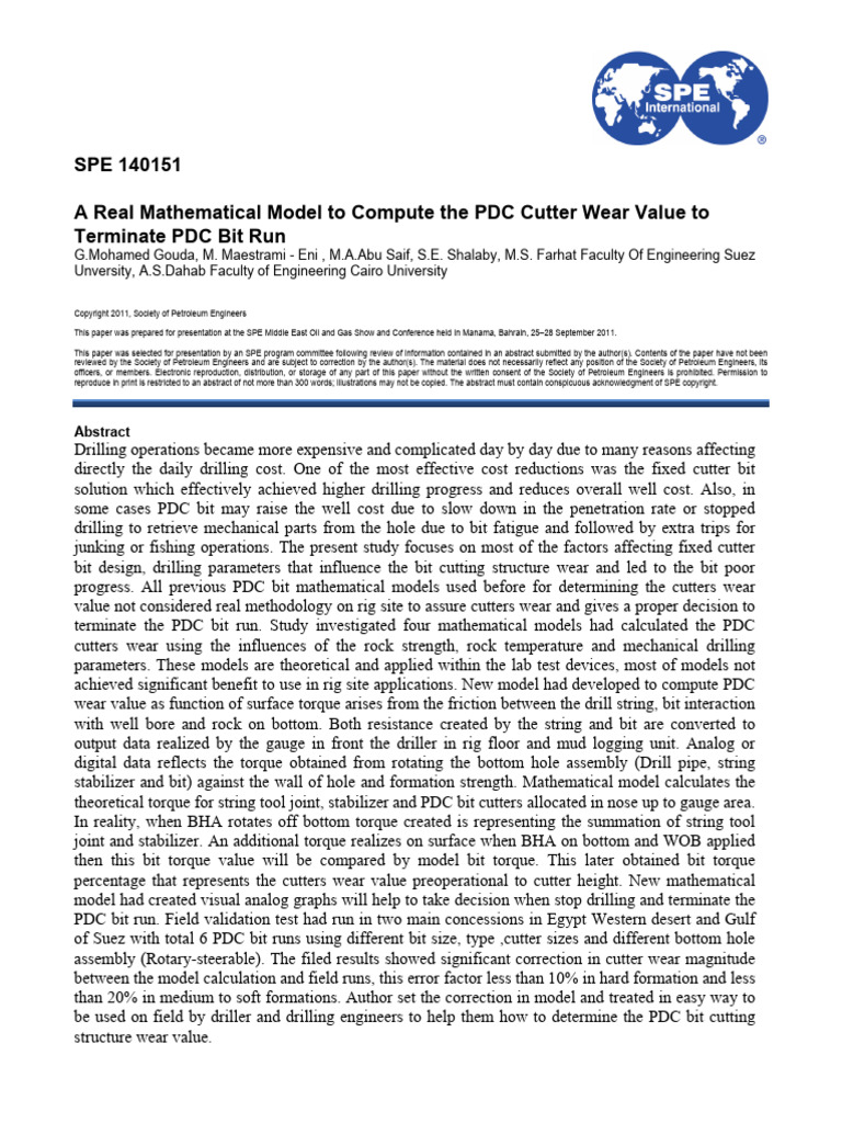 A Real Math Model To Compute PDC Wear Values | PDF | Electric Motor ...