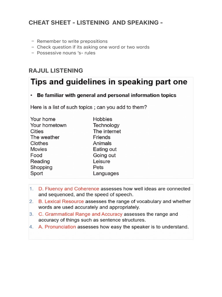 Cheat Sheet - Listening and Speaking | PDF | Foreign Language Studies